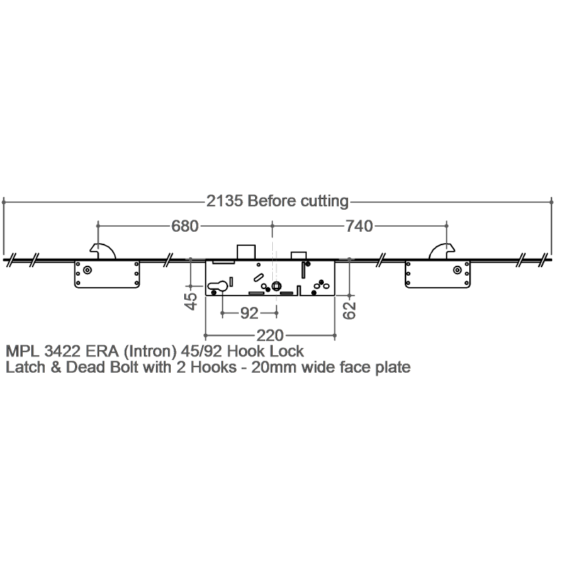 ERA / Saracen (Intron) 2 Hook 45mm Backset Multi Point Door Lock - Split Spindle